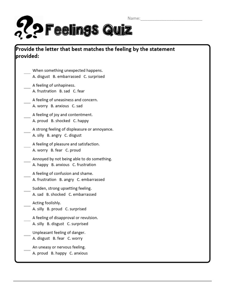 Feelings Quiz Pdf Disgust Fear