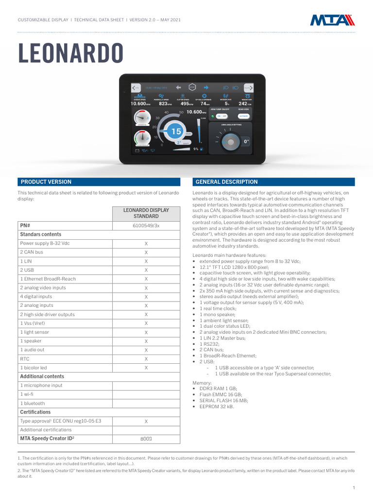 Monitor - 12 - MTA - LEONARDO - Technical Data Sheet - v2.0 | PDF | Usb | Electrical Connector