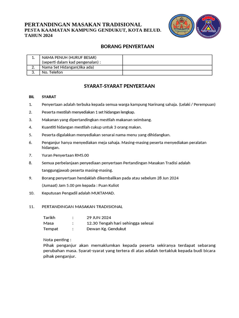 Borang Masakan Tradisional | PDF