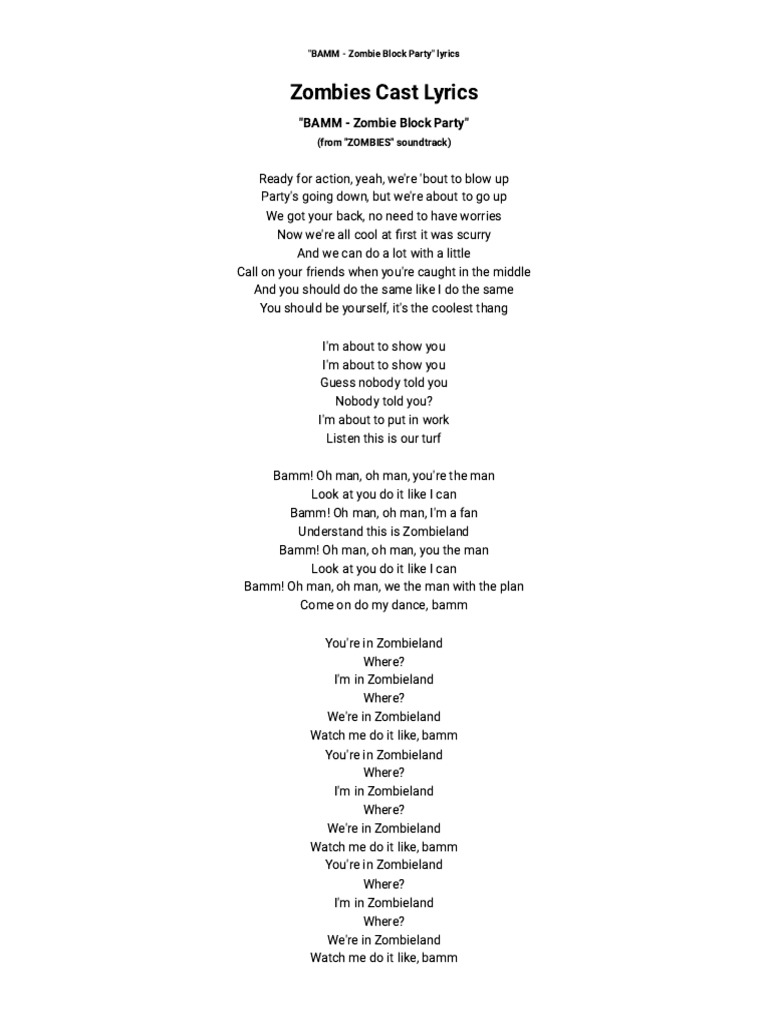 BAMM - Zombie Block Party Lyrics | PDF