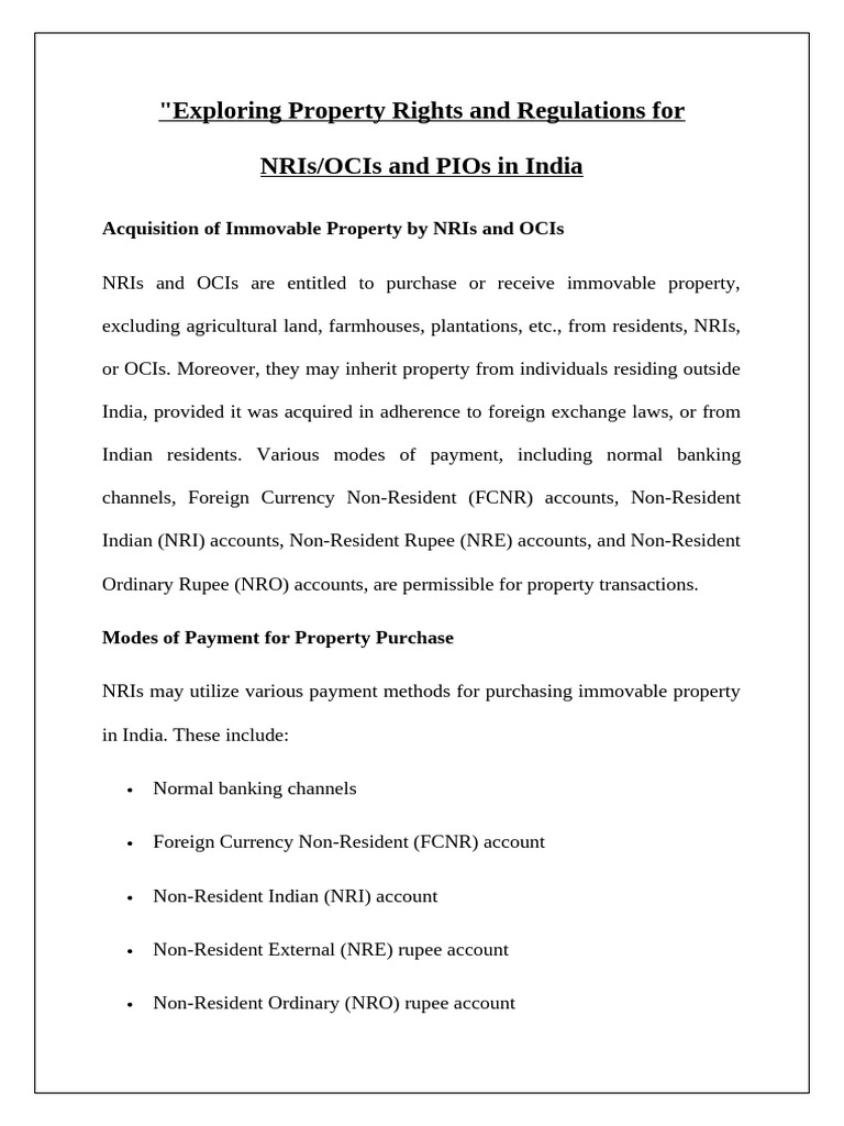 NRI/OCI Property Rights in India | PDF | Payments | Regulatory Compliance