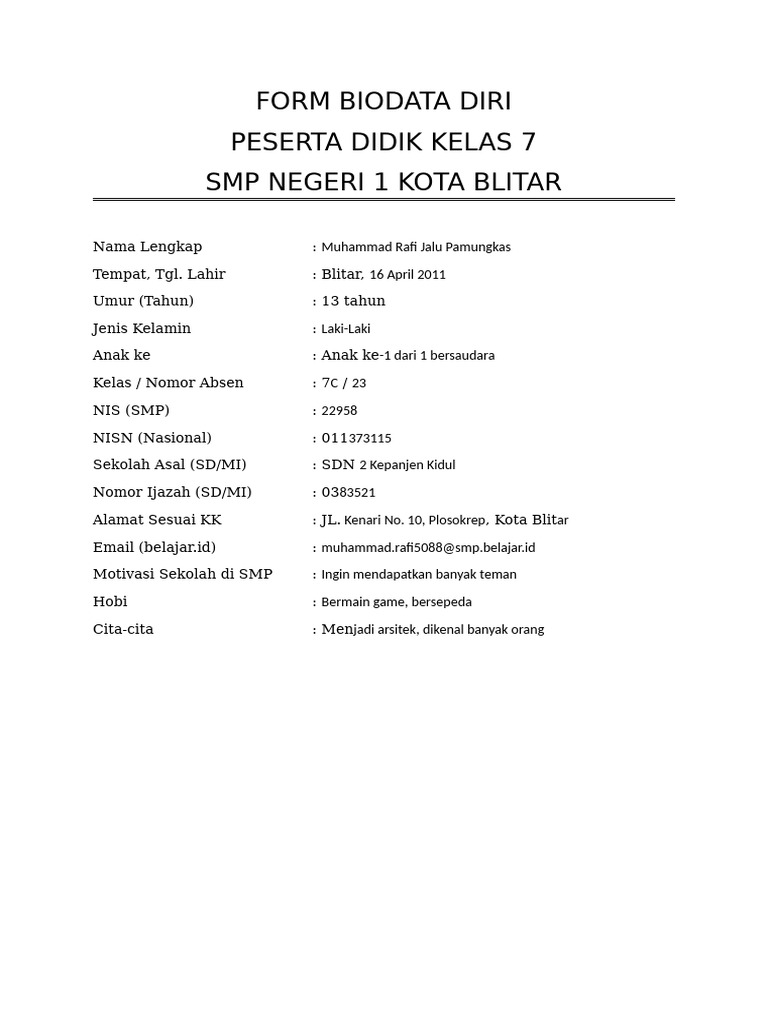 Form Biodata Diri Informatika | PDF