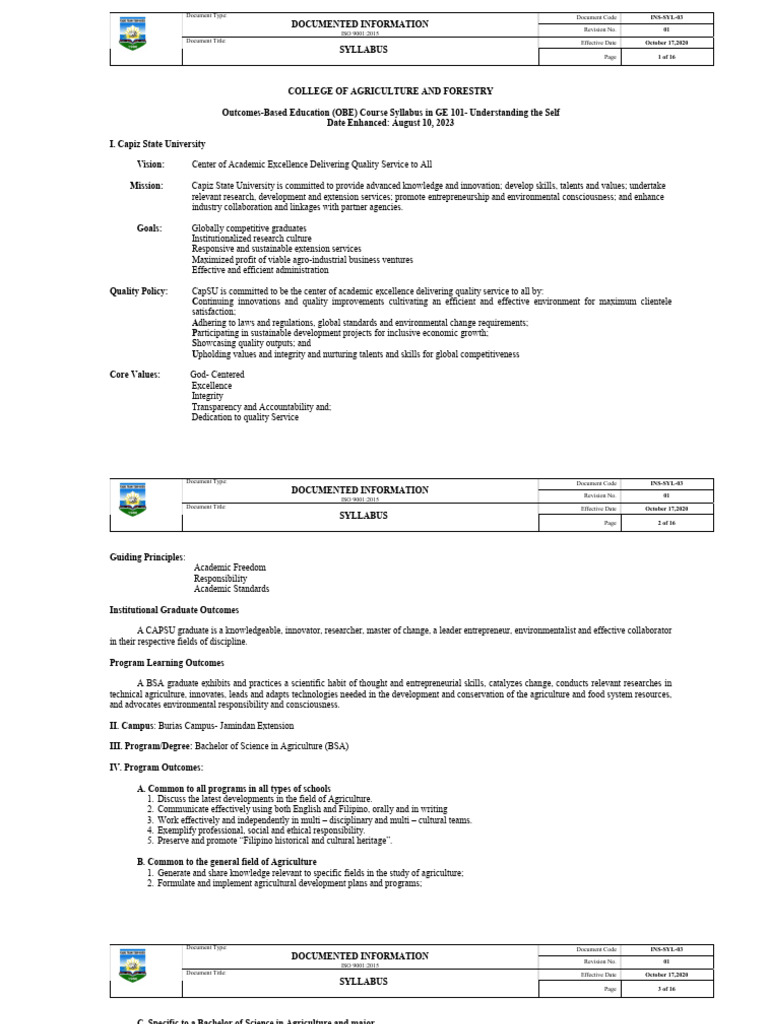 GE 101 SYLLABUS | PDF | Self | Identity (Social Science)