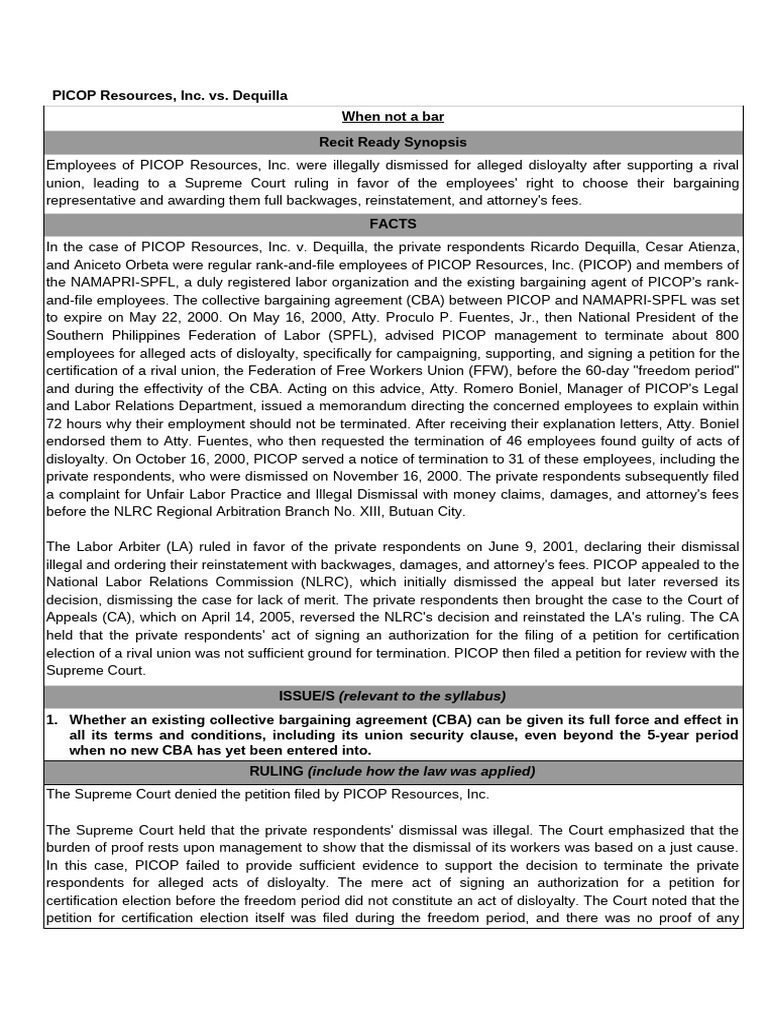 PICOP Resources, Inc. vs. Dequilla | PDF | Employment | Unfair Labor ...