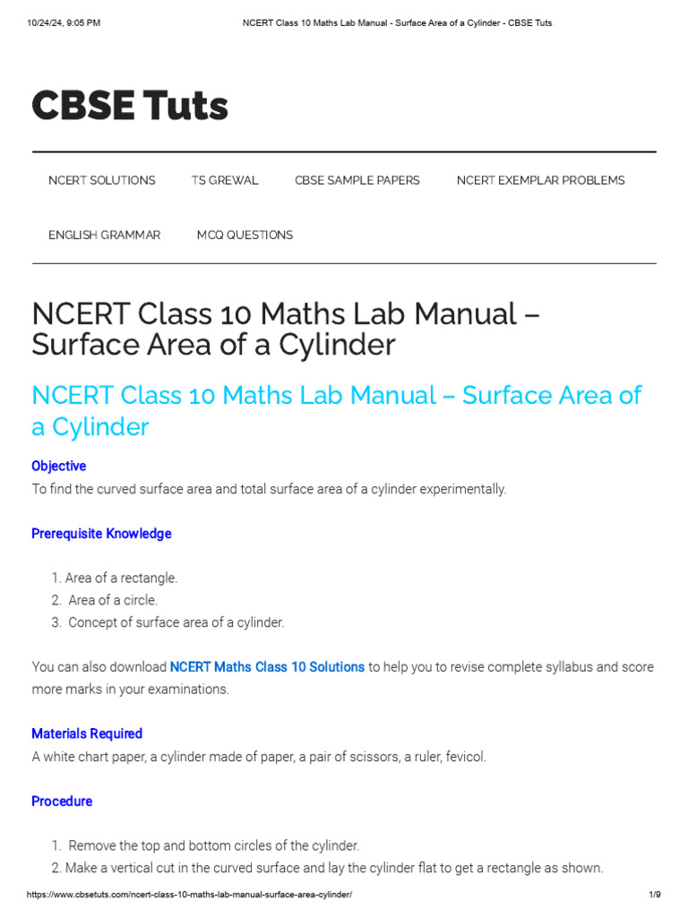 NCERT Class 10 Maths Lab Manual - Surface Area of A Cylinder - CBSE ...