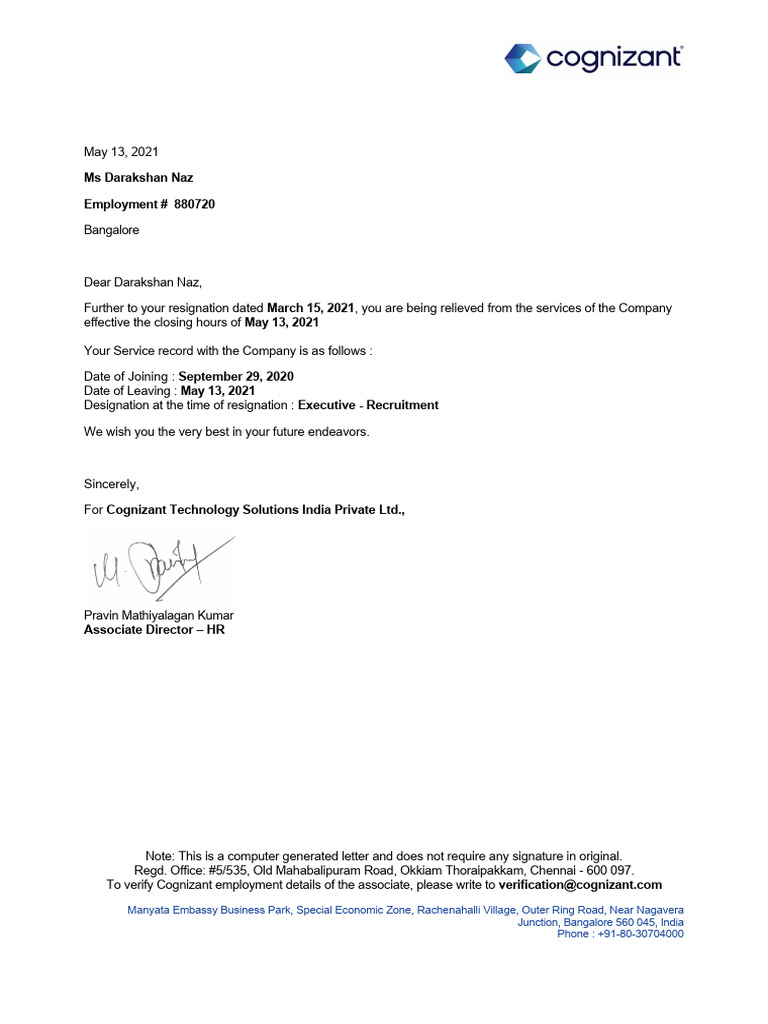 Cognizant Experience Letter INRG353668 | PDF