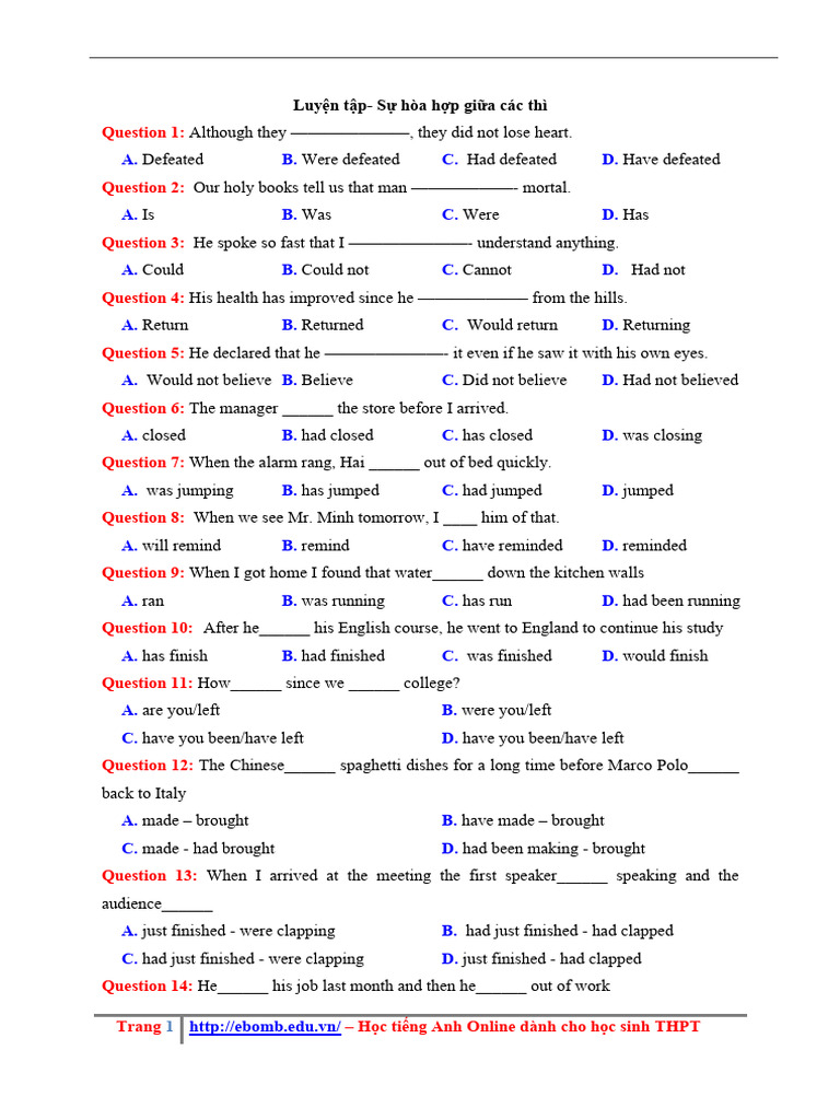 [123doc] 50 Bai Tap Luyen Tap Su Hoa Hop Giua Cac Thi File Word Co Loi Giai Chi Tiet | PDF | Vietnam