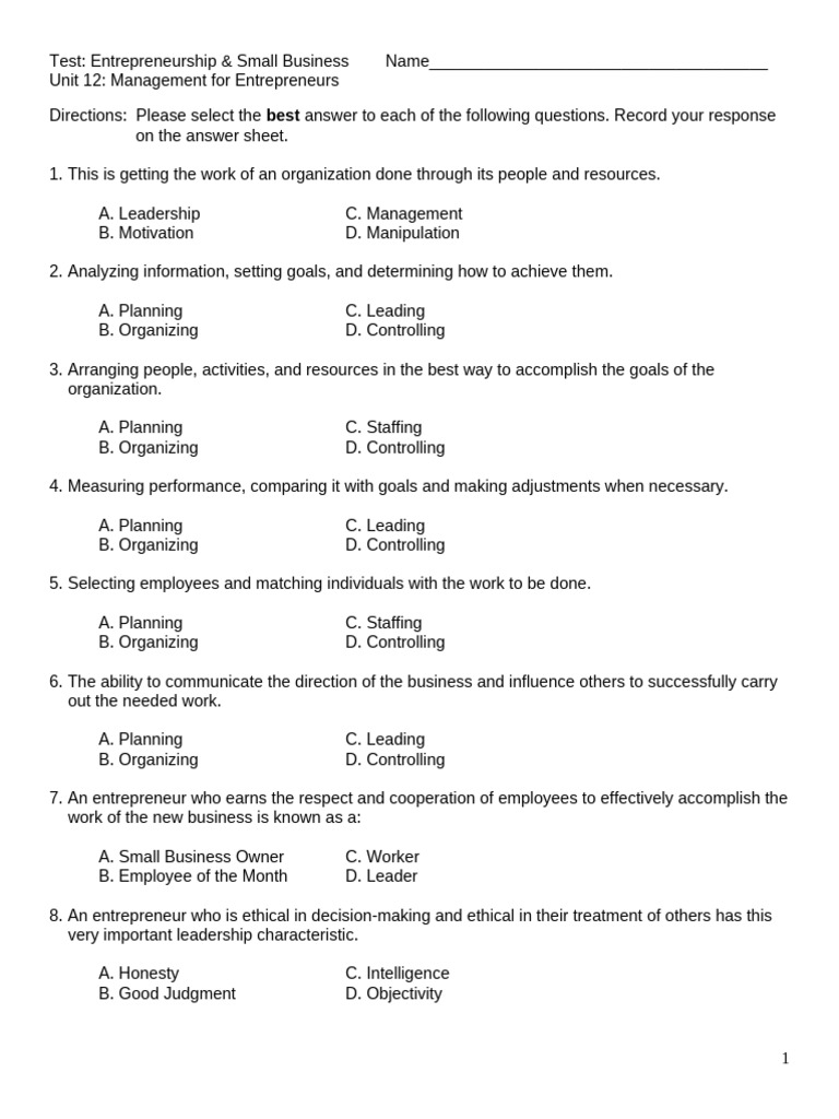 Management Quiz for Entrepreneurs | PDF | Entrepreneurship | Leadership