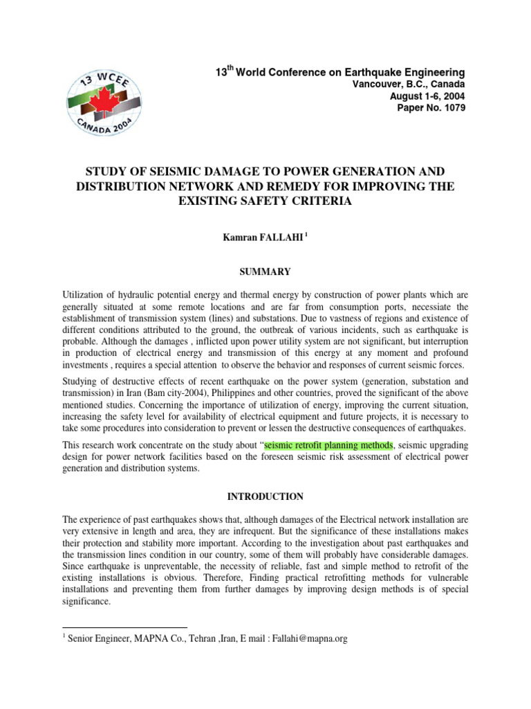 Study of Seismic Damage To Power Generation and Distribution Network ...