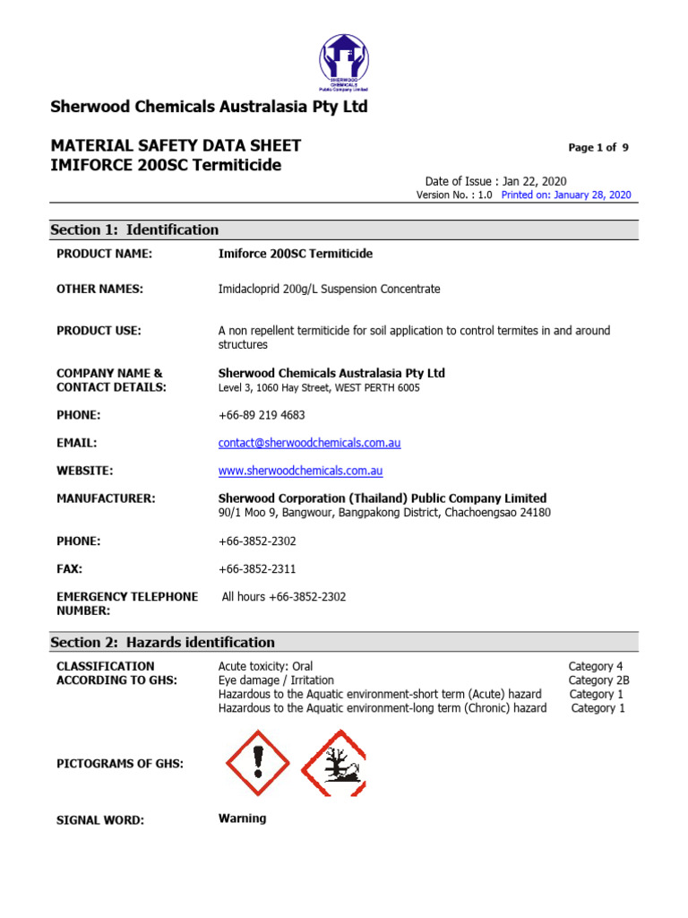 16 MSDS AU-Rentokil-Imiforce_200_SC_Termiticide | PDF | Toxicity ...