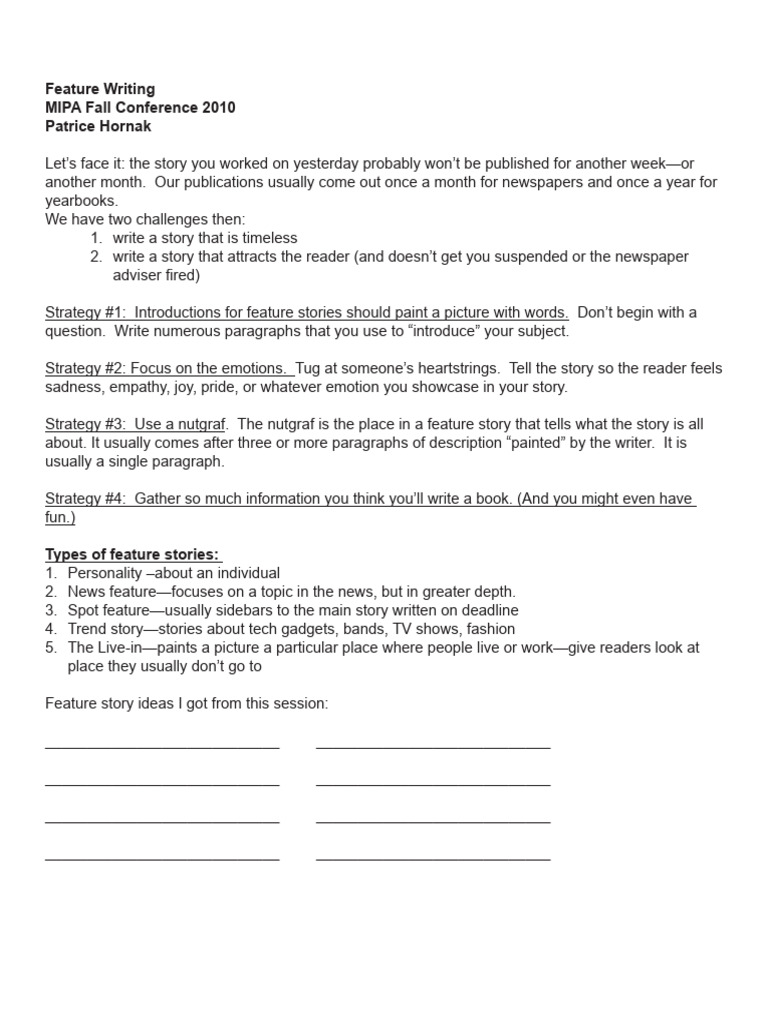 Feature Writing Handout | PDF
