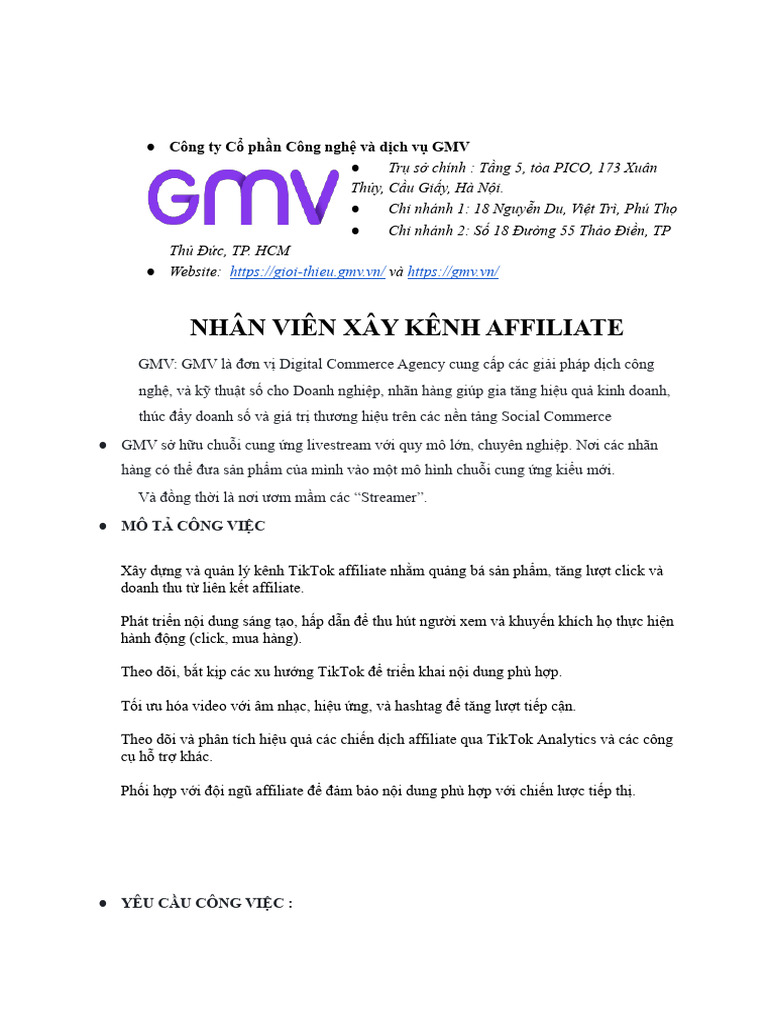 JD - Nhân Viên Xây Kênh Affiliate - GMV | PDF
