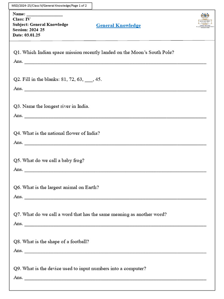 MSD - GK WORKSHEET - Class IV | PDF