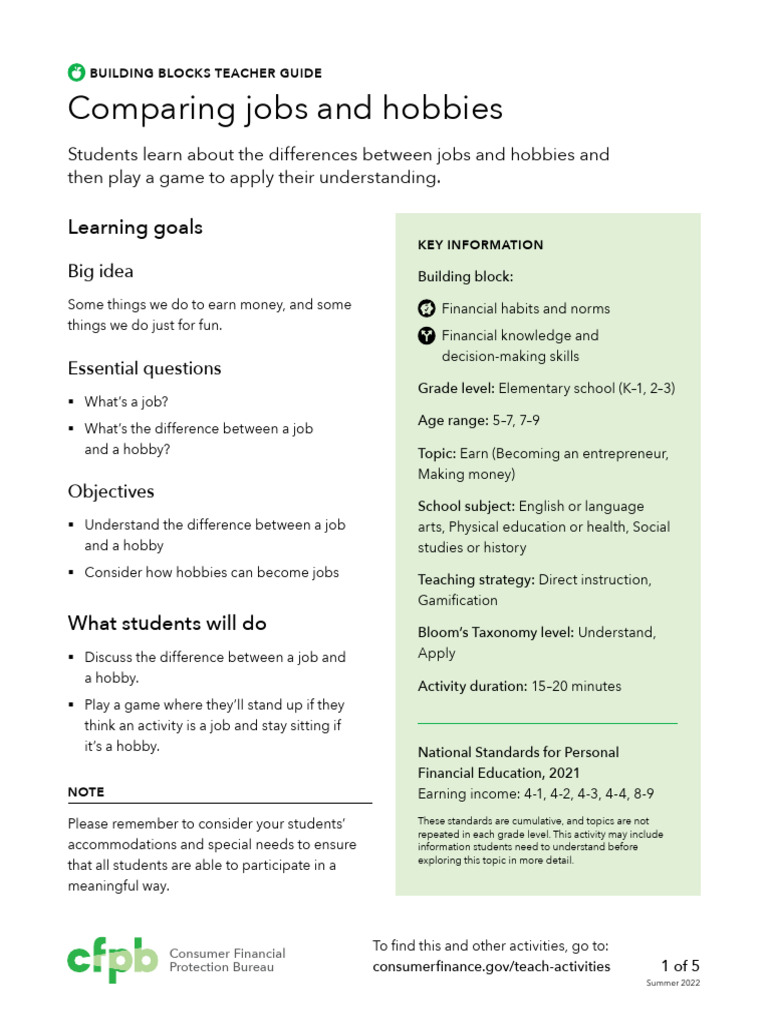 CFPB Building Block Activities Comparing-Jobs-Hobbies Guide | PDF ...