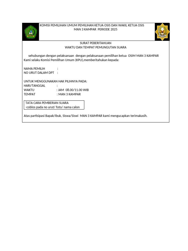 KOMISI PEMILIHAN UMUM PEMILIHAN KETUA OSIS DAN WAKIL KETUA OSIS ok ...