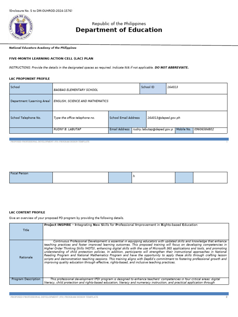 Five-Month LAC Plan for Teacher Development | PDF | Learning | Literacy