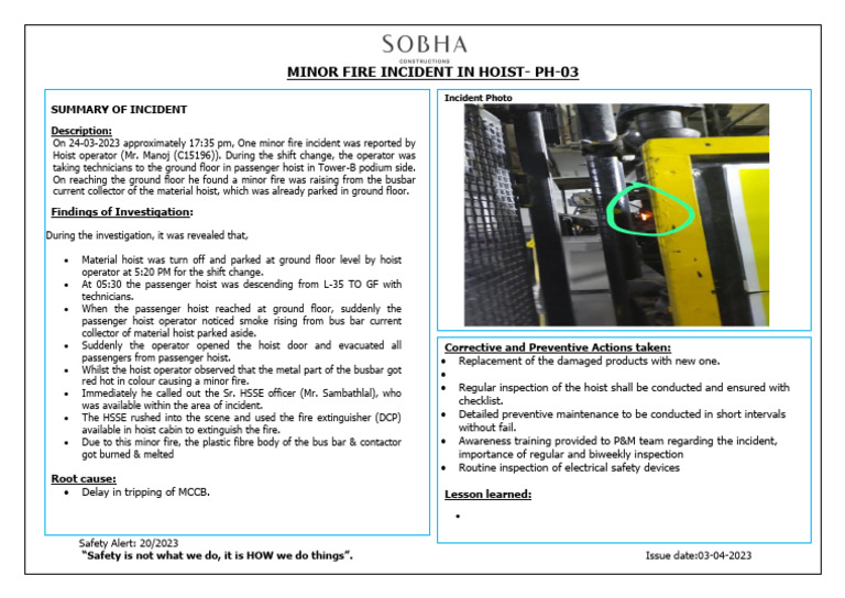 SAFETY SHARE-20_MINOR FIRE INCIDENT IN HOIST | PDF | Transport Safety ...