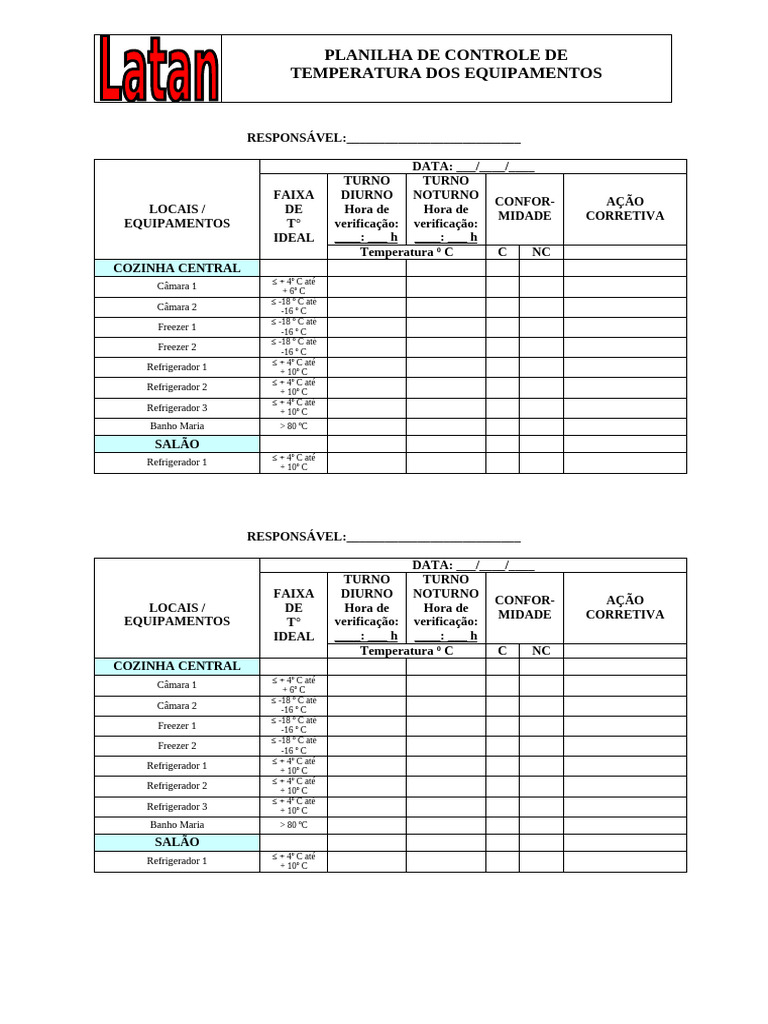 Planilha Geral de Controle de Temperatura de Equipamentos | PDF | Culináriar | Engenharia ...