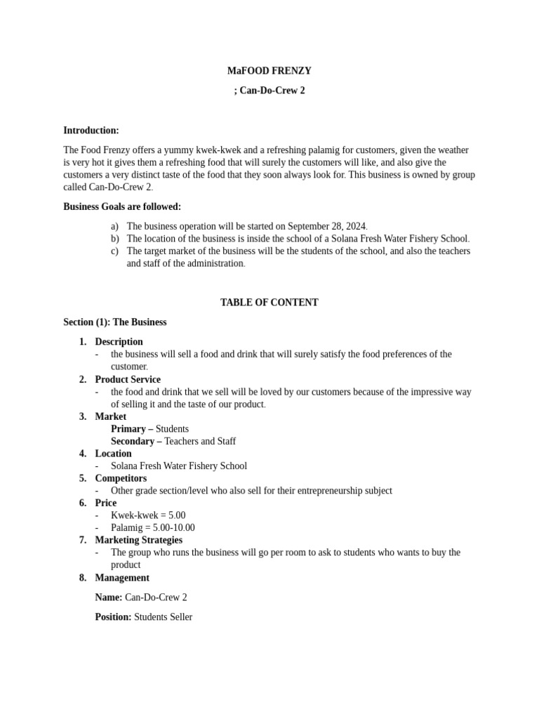 Food Business at Solana Fishery School | PDF