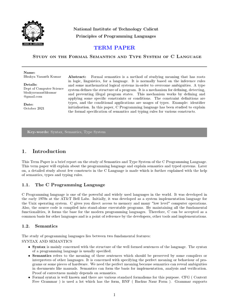Formal semantics and Type System of C | PDF | Data Type | Semantics Formal semantics and Type System of C | PDF | Data Type | Semantics