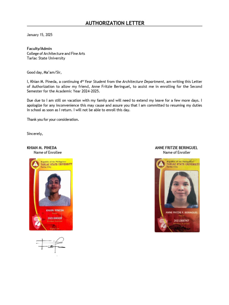 Authorization Letter for Enrollment Assistance | PDF