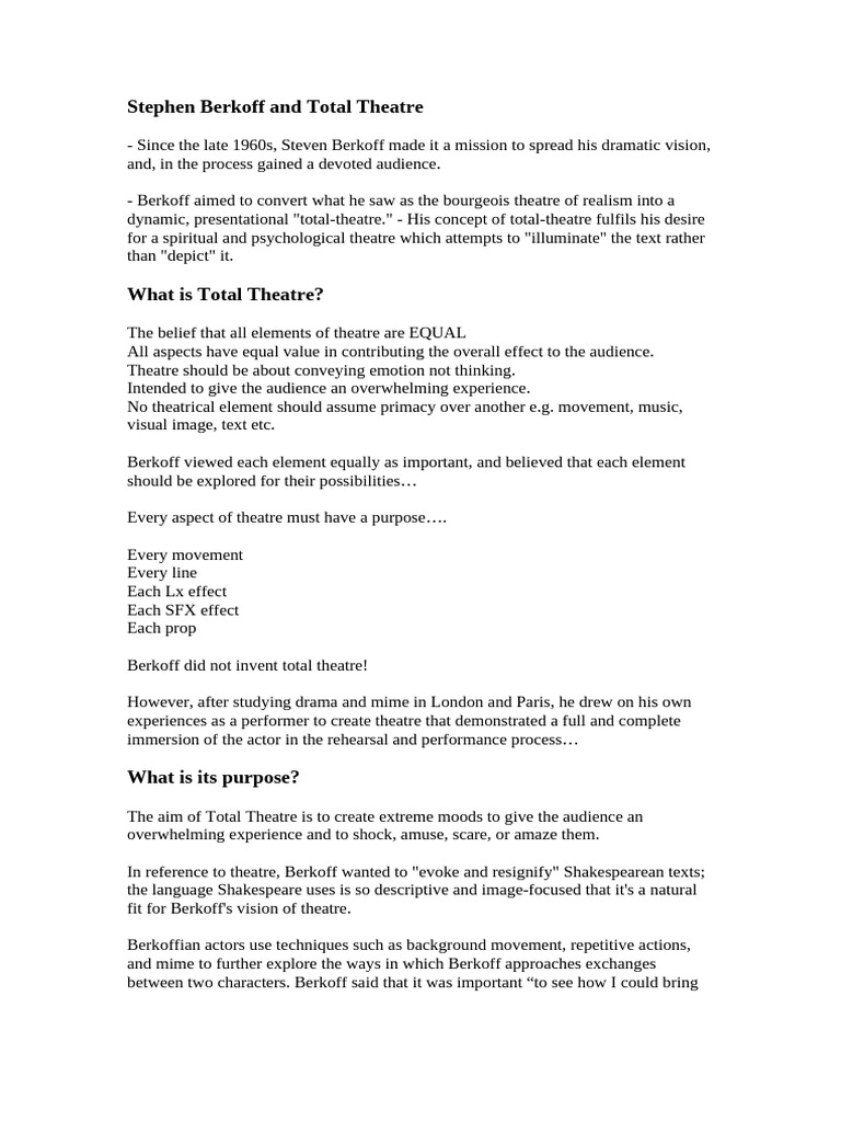 Stephen Berkoff and Total Theatre | PDF