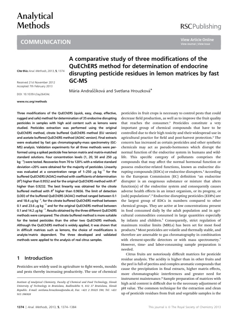 Study of Three Modifications QUECHERS | PDF | Gas Chromatography–Mass Spectrometry | Chemical ...