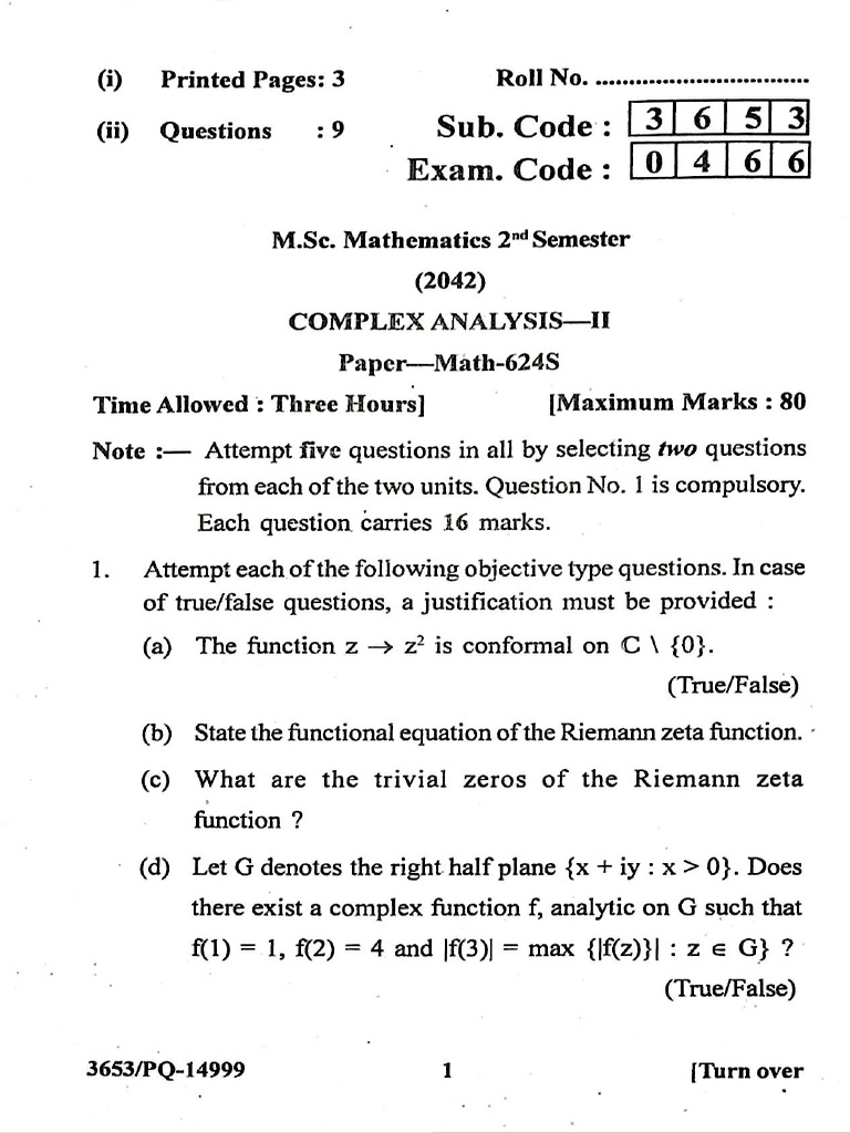 Complex Analysis II MSC Math Mathematics 2nd Sem Previous Year Question Paper 2022.1214 | PDF