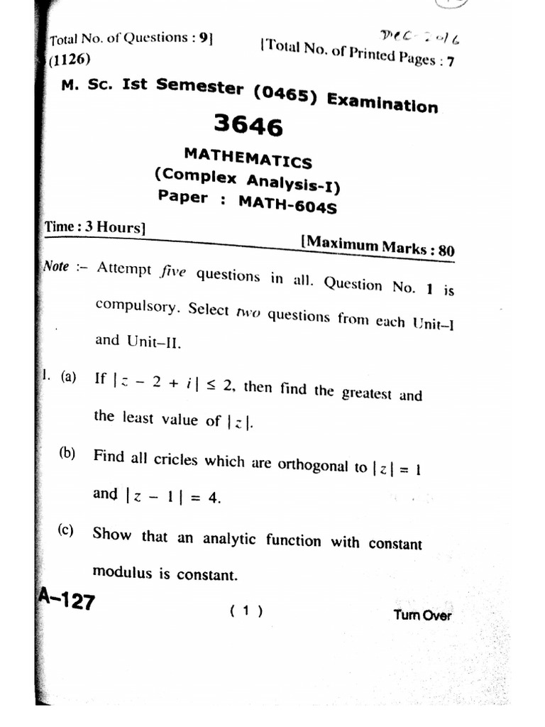 Complex Analysis MSC Math Mathematics 1st Sem Previous Year Question ...