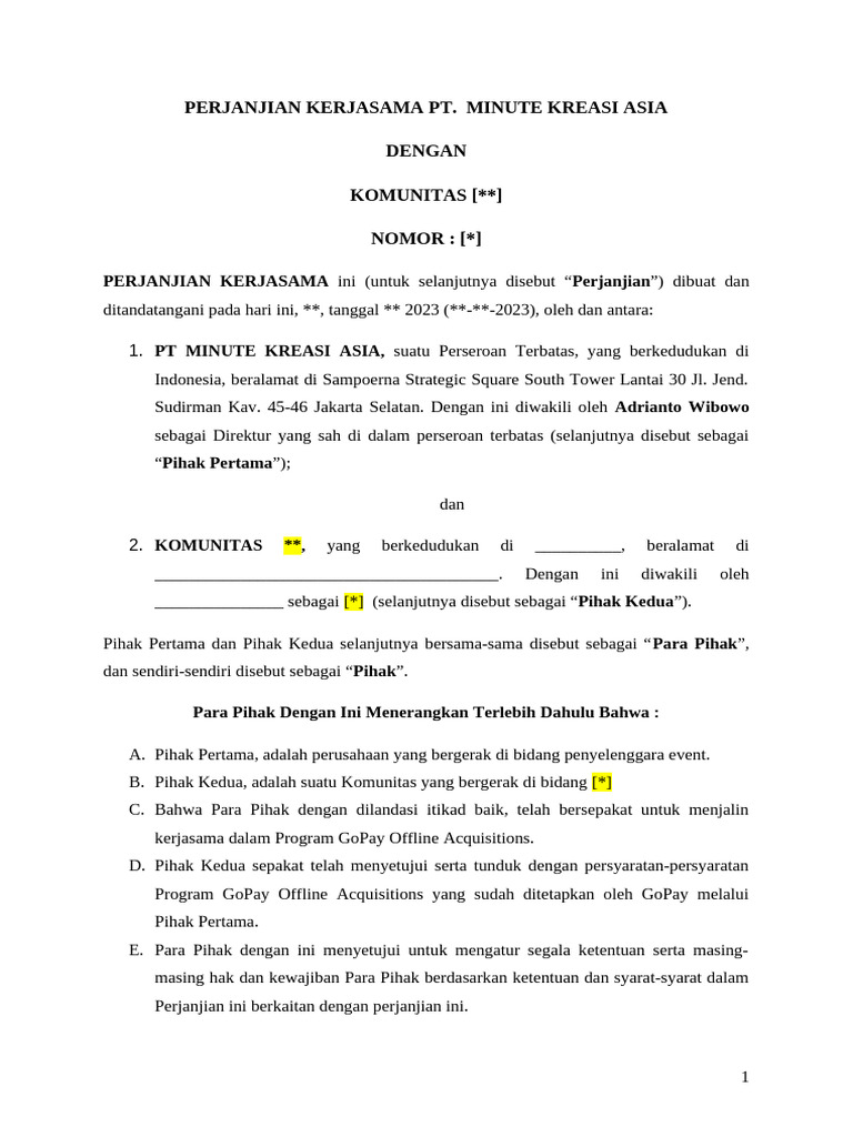 Draft Perjanjian Kerjasama Minute Dengan Komunitas 12122023 | PDF