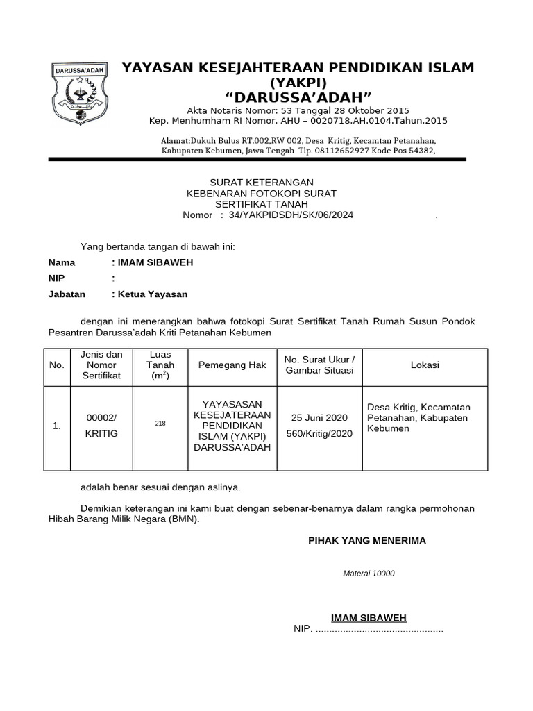 Surat Keterangan Fotocopy Sertifikat Tanah Rusun Hibah - 120859 | PDF