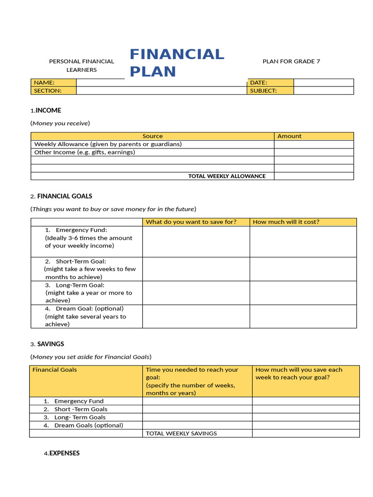 Template Financial Plan For Grade 7 Learners | PDF | Pie Chart | Income