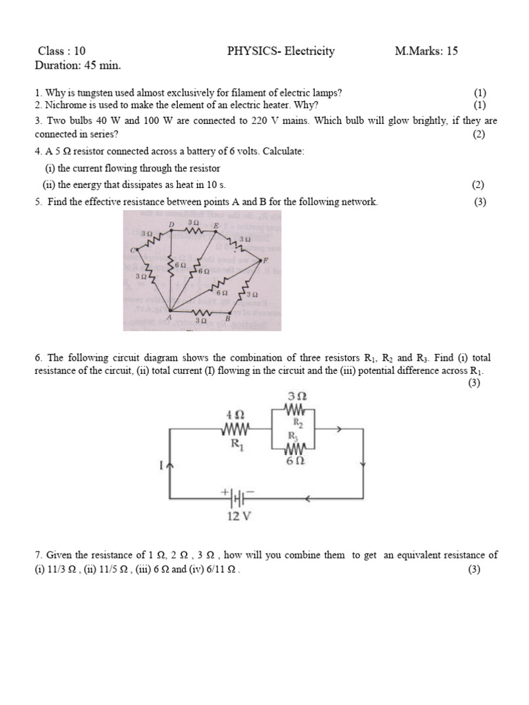 Electricity Question Paper | PDF