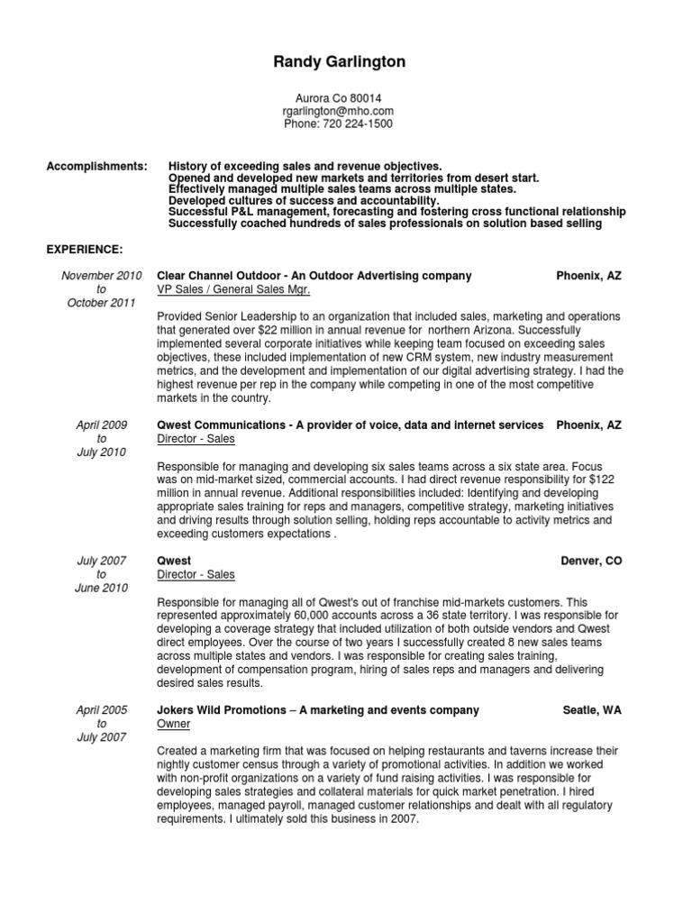 Regional Director Sales Marketing in Denver CO Resume Randy Garlington ...