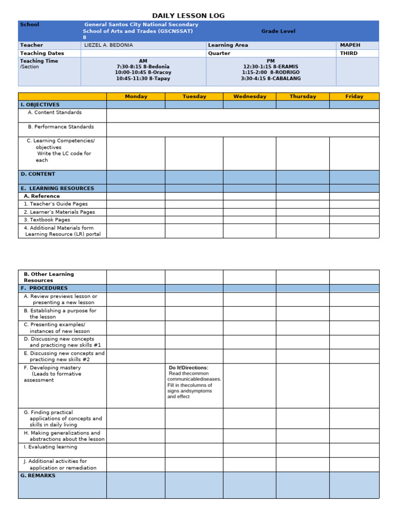 Daily Lesson Log Template | PDF | Teachers | Learning