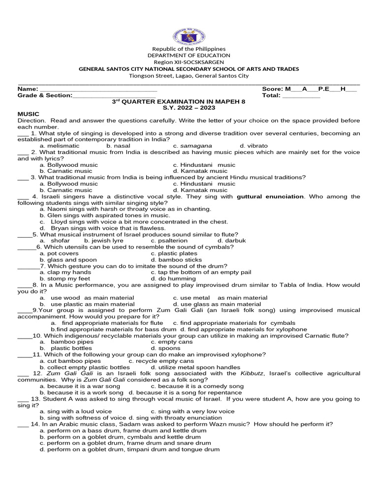 MAPEH 8 Third Quarter Exam Guide | PDF | Physical Fitness | Carpet