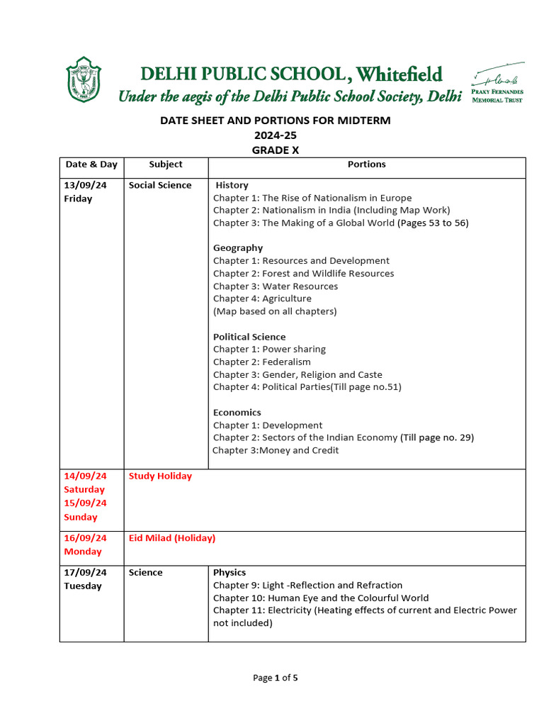 Date Sheet and Portions For Midterm 2024-25 Grade X | PDF