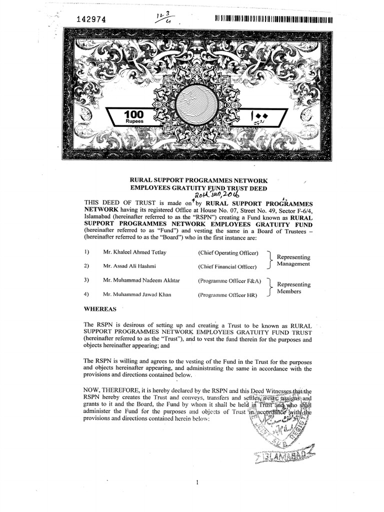 RSPN Gratuity Fund - Trust Deed | PDF