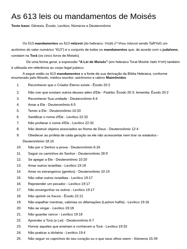As 613 Leis Ou Mandamentos de Moisés | PDF | Torá | Moisés