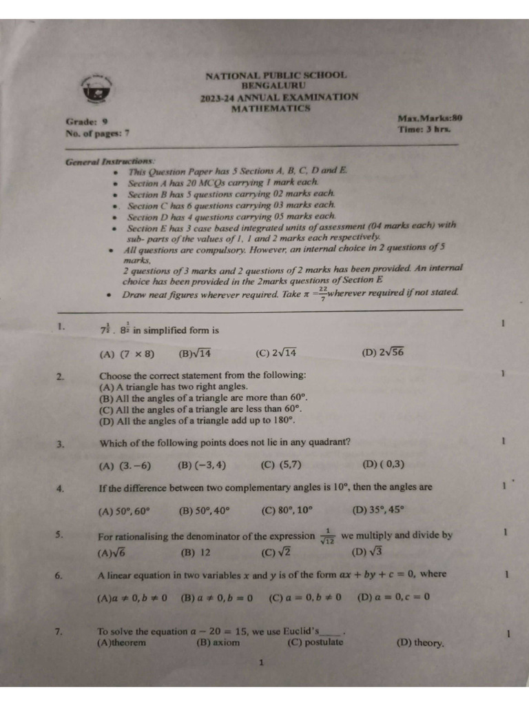 final exam math grade 9 woeksheet (1) | PDF