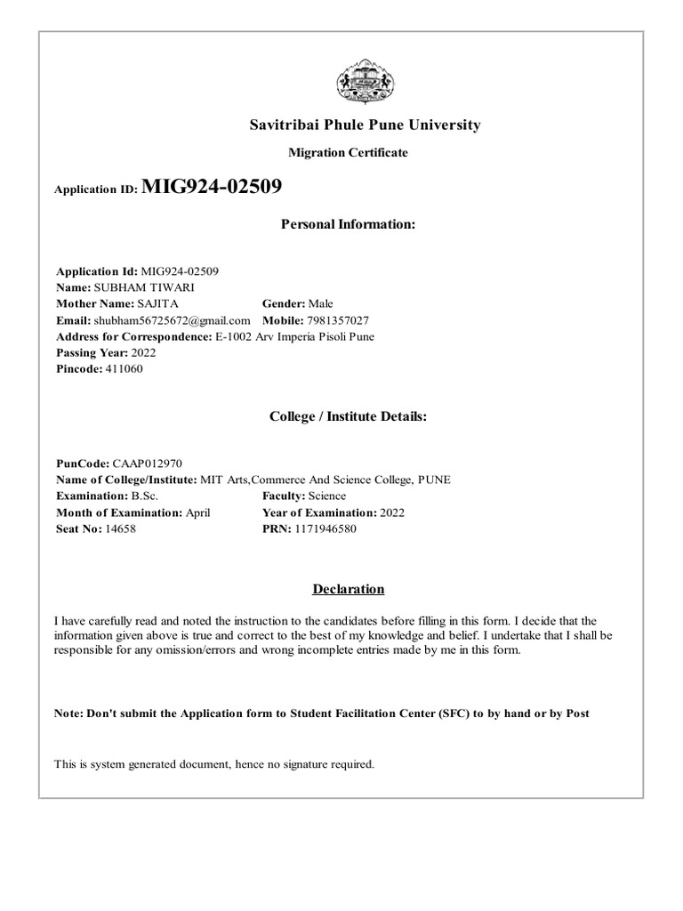 Pune University Migration Certificate | PDF