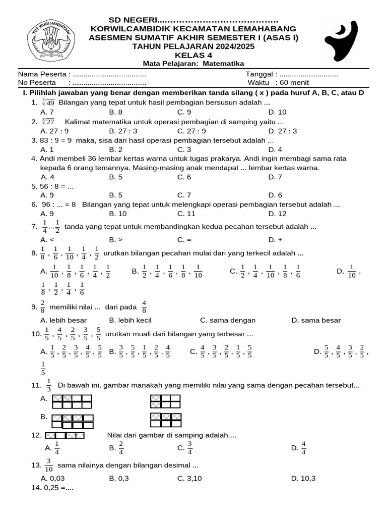 SOAL MTK KLS 4 ASAS SMT 1 2024 | PDF