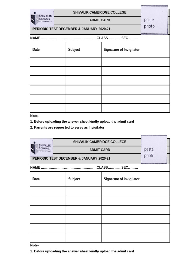 School Admit Card Format 2020-21 | PDF