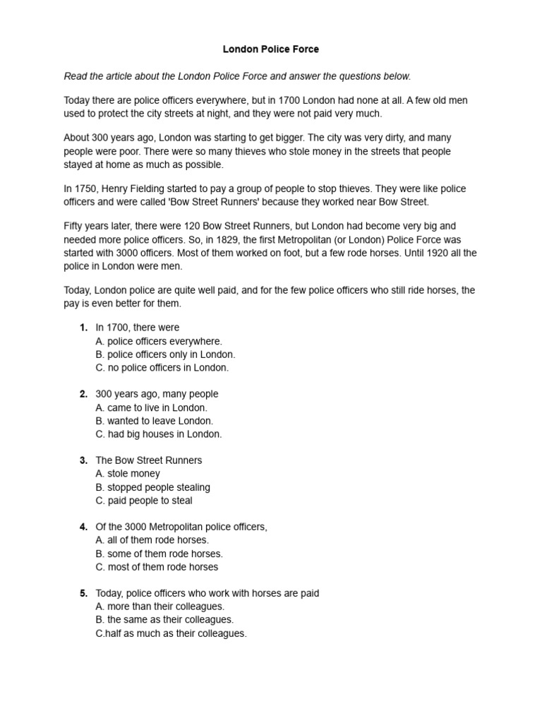 A2 Reading Part 3 London Police Force | PDF