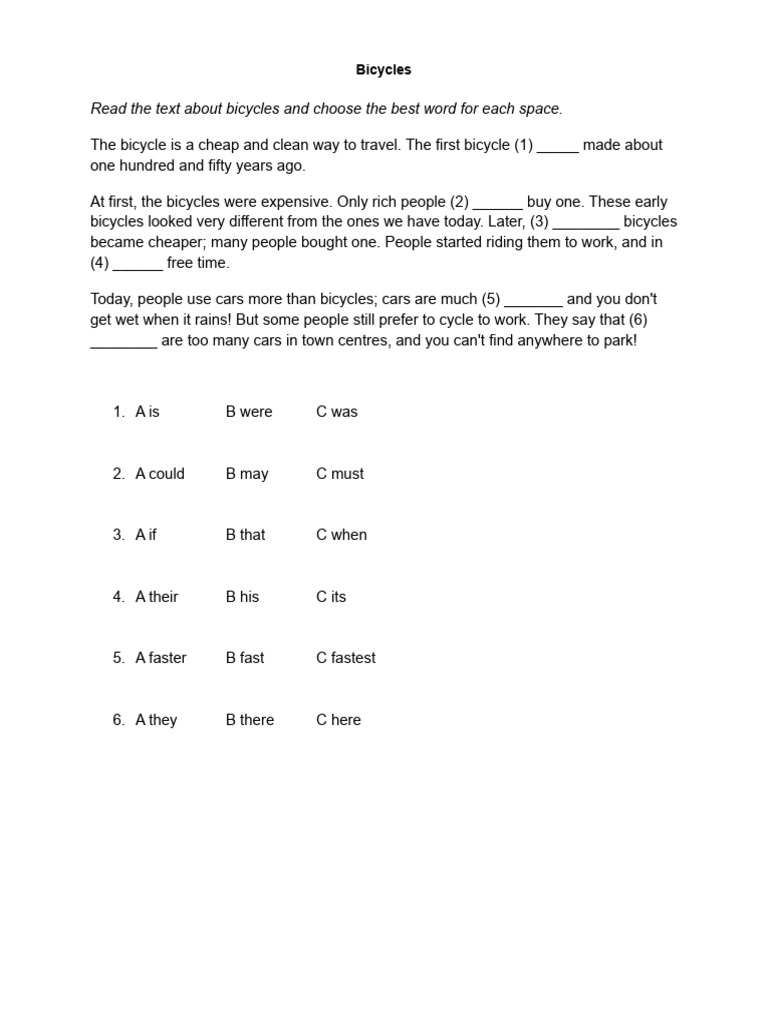 A2-Reading-Part-4_-Bicycles | PDF