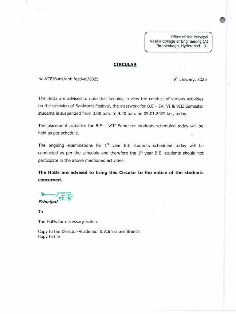 CIRCULAR ON SANKRANTHI FESTIVAL CELEBRATIONS | PDF