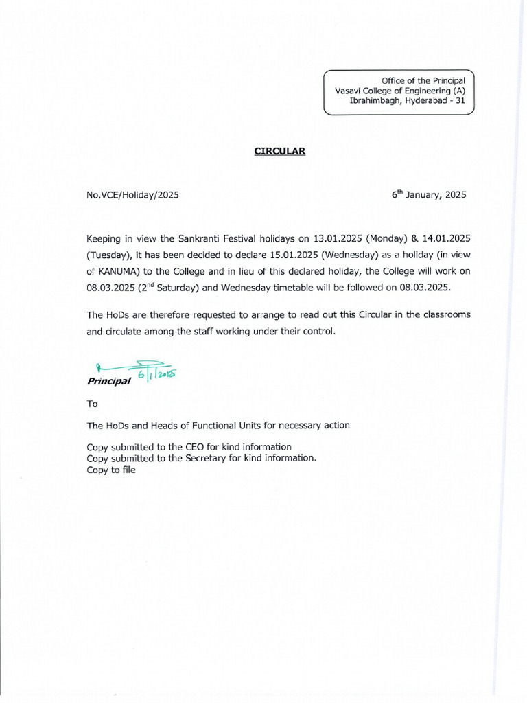 Pongal Holiday Circular | PDF