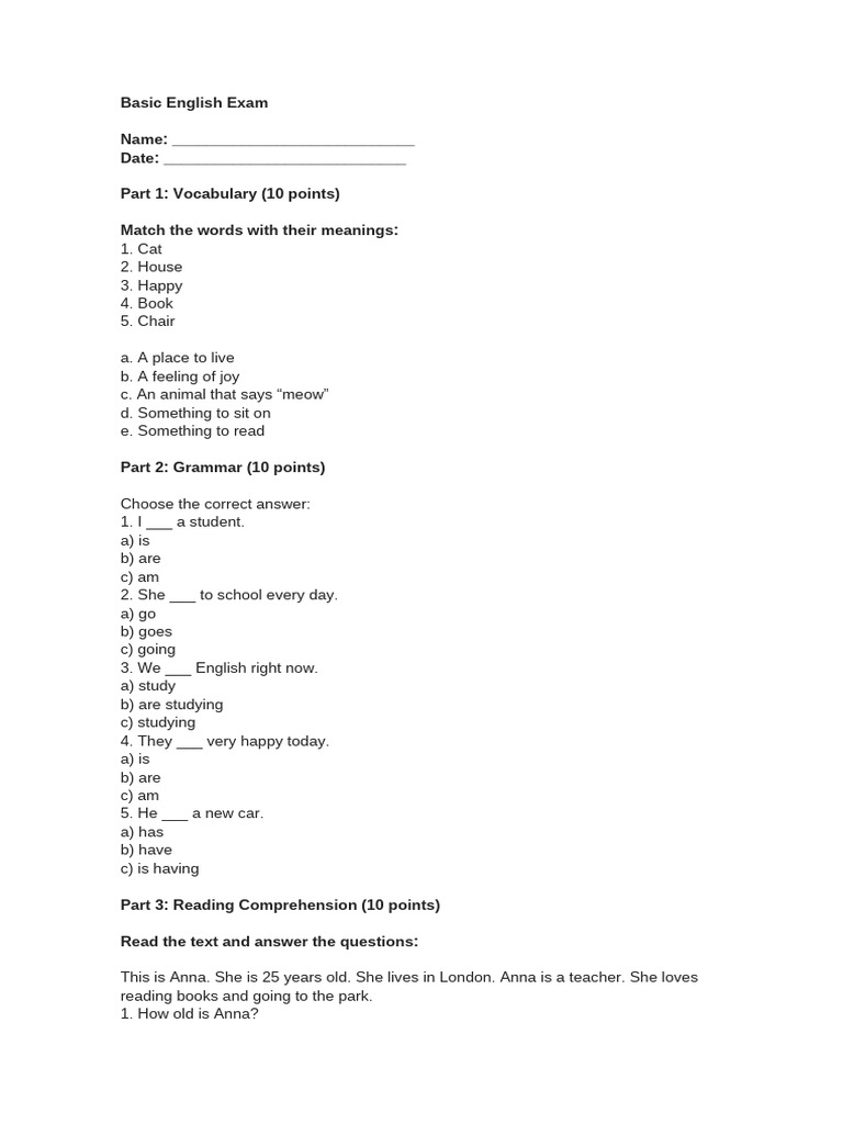 Basic English Exam Magela | PDF
