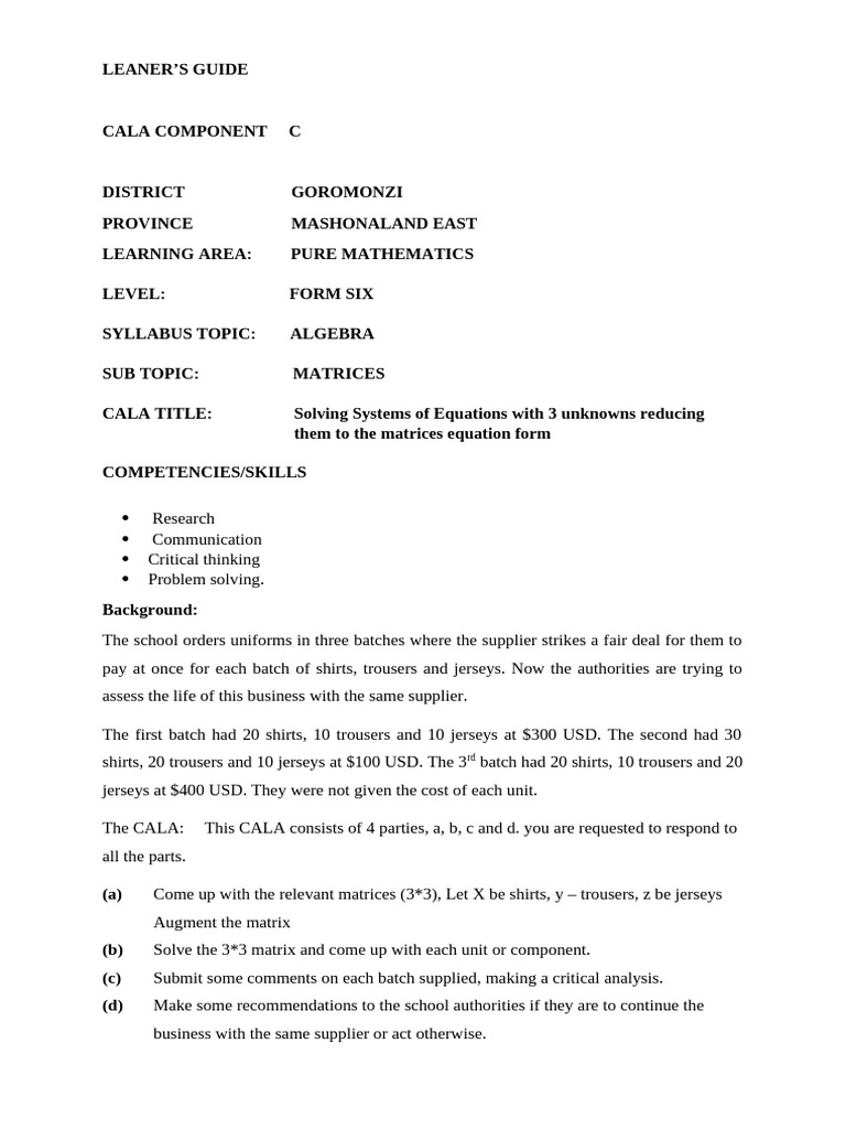 CALA COMPONENT C | PDF | Matrix (Mathematics) | Determinant