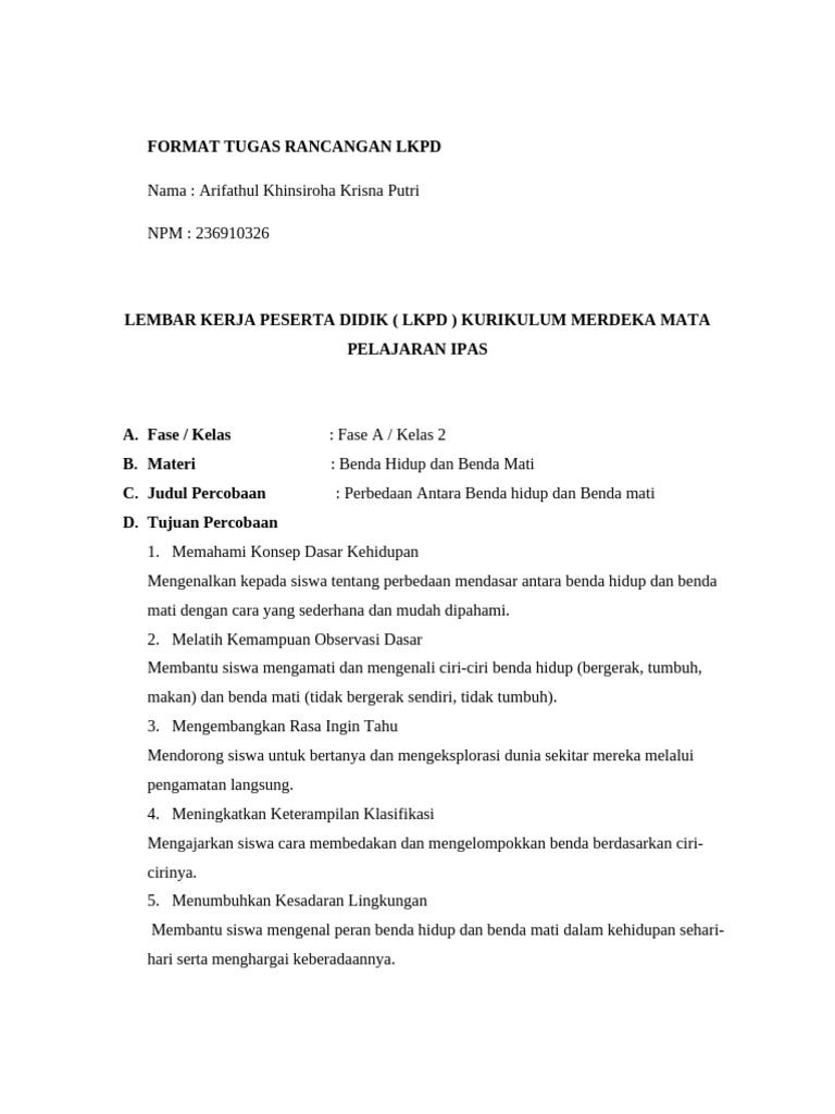 Format Tugas Rancangan Lkpd Benar Sekali Punya Arifathul Khinsiroha Krisna Putri | PDF